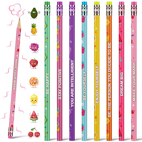 48 Pcs Scented Pencils for Kids Inspirational HB Pencils with Erasers Cylinder Colorful Fun Wood Pencils Motivational Graphite Pencils with Fruit Elements for School Office Classroom Students