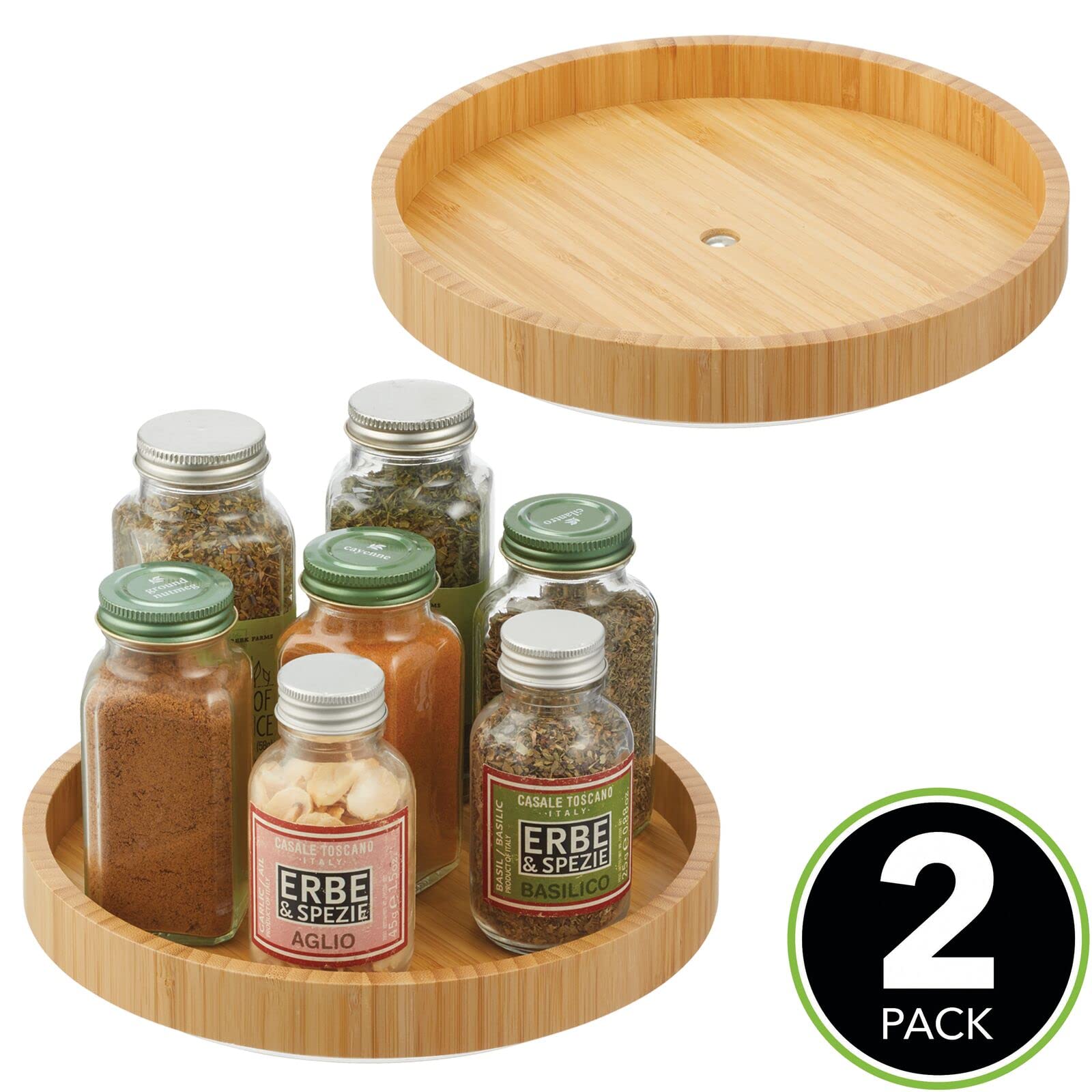mDesign Bamboo Lazy Susan Turntable Food Storage Container for Cabinets, Pantry, Refrigerator, Countertops, Spinning Organizer for Spices, Condiments - 9" Round - Echo Collection - 2 Pack - Natural