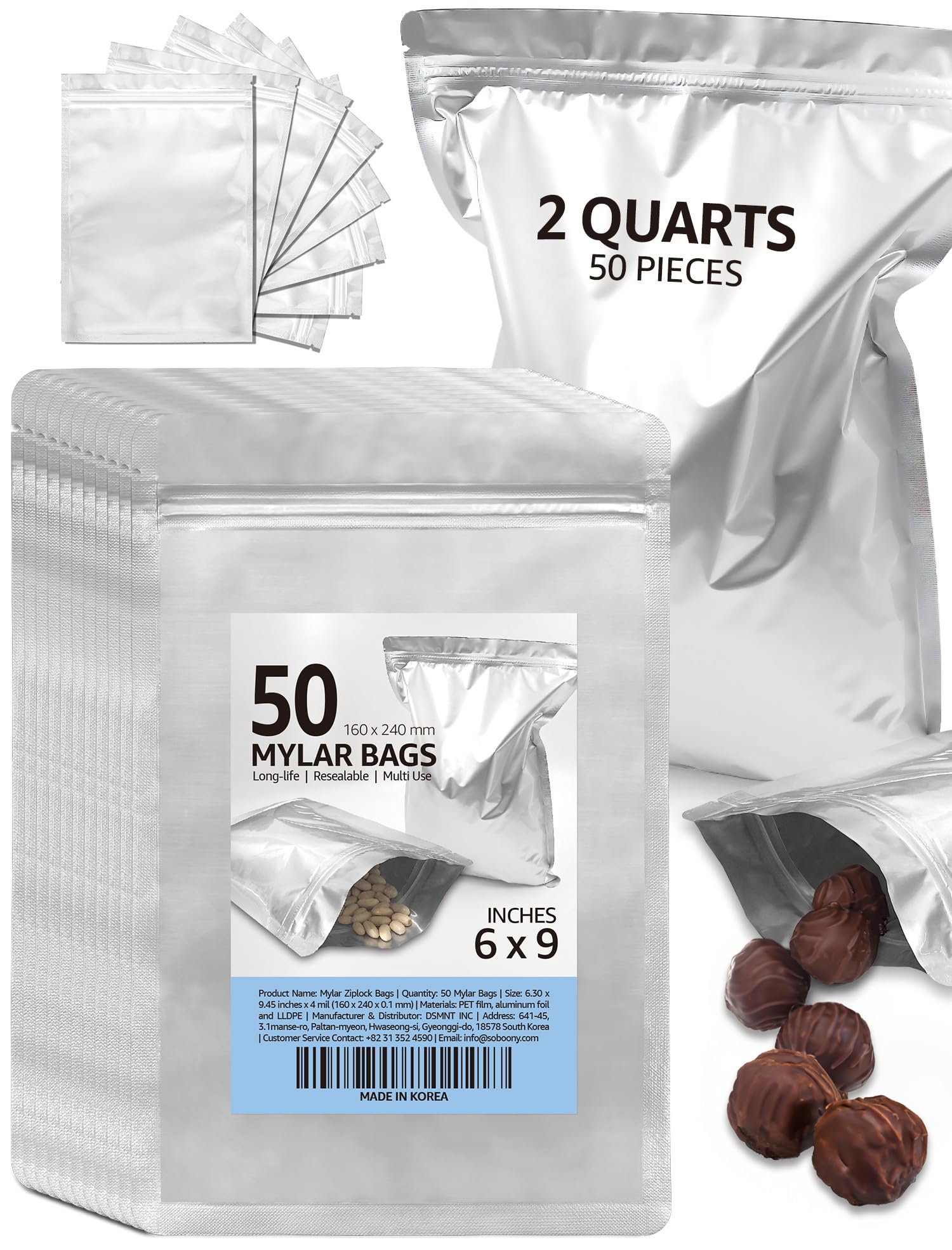 Mylar Bags for Food Storage 50pcs 6x9 with Resealable Zipper and Aluminum Foil Pouch