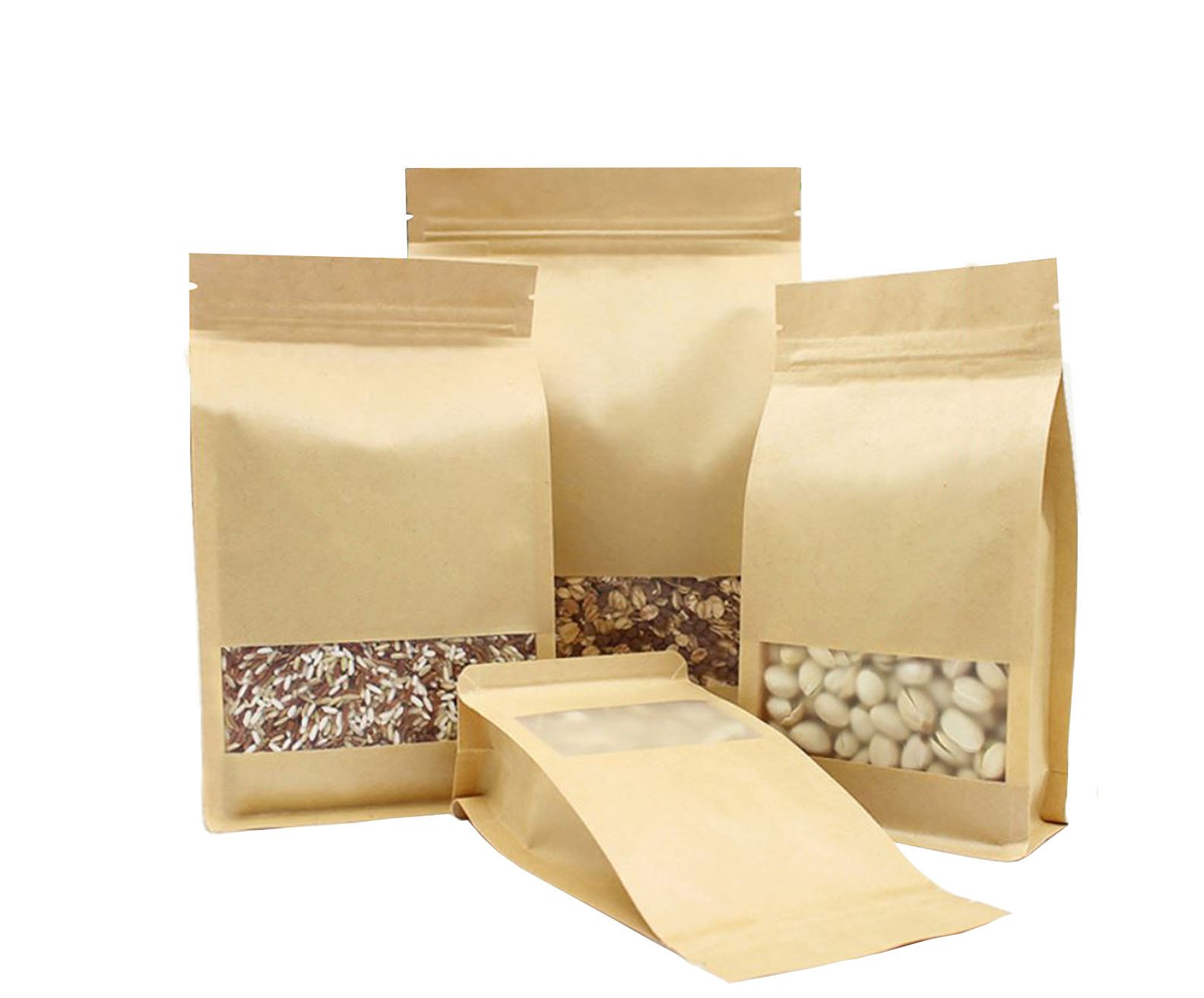 Couga Mall 50 PCS Universal Kraft Paper Packing Bag, Zip Lock Stand Up Storage Pouch Package Bag With Clear Window for Storing Snacks, Beans, Seeds and Tea Leaves(5.5"*9.4")