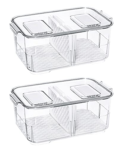 SANNO Produce Saver Storage Containers, Vegetable Fruit Storage Large Containers Bins, Refrigerator Fridge Stackable Bins Fresh Keeper with Lids and Vents,Stackable Salad Lettuce Keeper,2 Pack