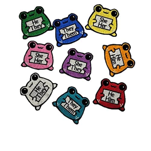Pronoun "Statement Frogs" Embroidered Patch- USA Made- Multiple Colors Available (Turquoise He/Him)