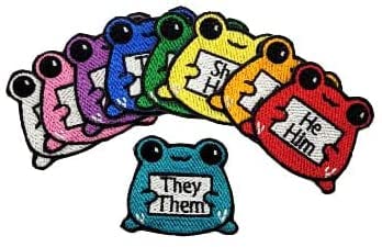 Pronoun "Statement Frogs" Embroidered Patch- USA Made- Multiple Colors Available (Turquoise He/Him)