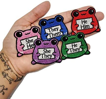 Pronoun "Statement Frogs" Embroidered Patch- USA Made- Multiple Colors Available (Turquoise He/Him)