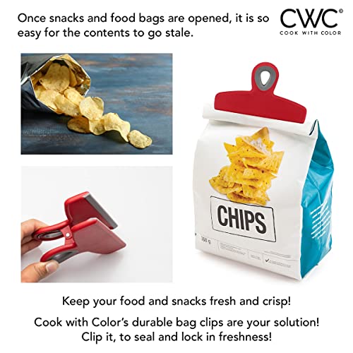 COOK WITH COLOR Bag Clips - Heavy Duty Chip Clip and Refrigerator Magnet Clips for Food Storage with Air Tight Seal Grip, Red, Pack of 4 Large Clips