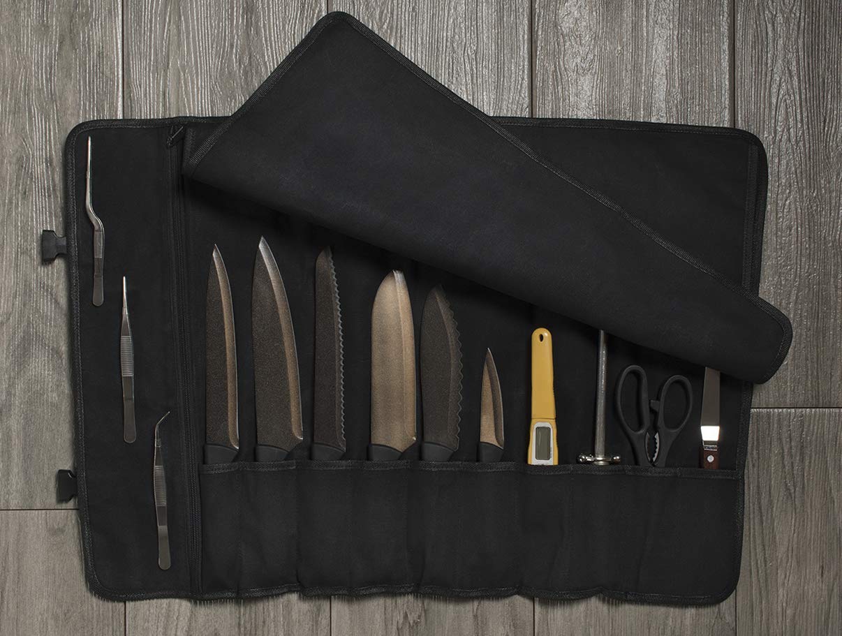 Asaya Canvas Chef Knife Roll Bag - 10 Knife Slots and a Large Zipper Pocket - Durable 10oz Canvas Knife Case with an Adjustable Shoulder Strap - Knives not Included