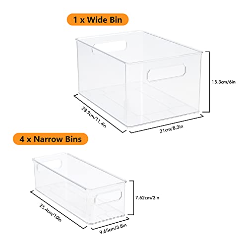 elabo Refrigerator Organizer Bins, Stackable Food Storage Bins for Kitchen, Cabinet, Freezer, Fridge, Pantry Organization, 5 Pack, Include 1 Wide and 4 Narrow Bins, Clear Plastic BPA Free