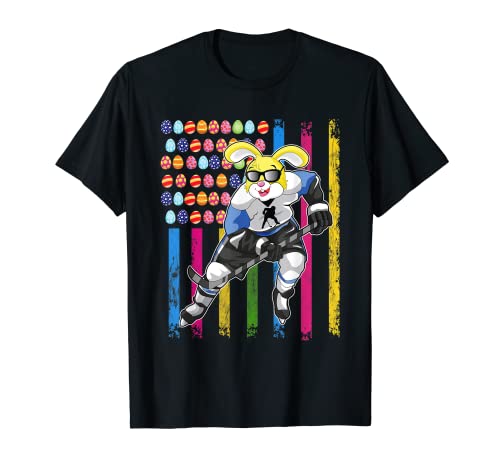 Easter Bunny Ice Hockey Shirt Boys Girls American Flag Kids T-Shirt