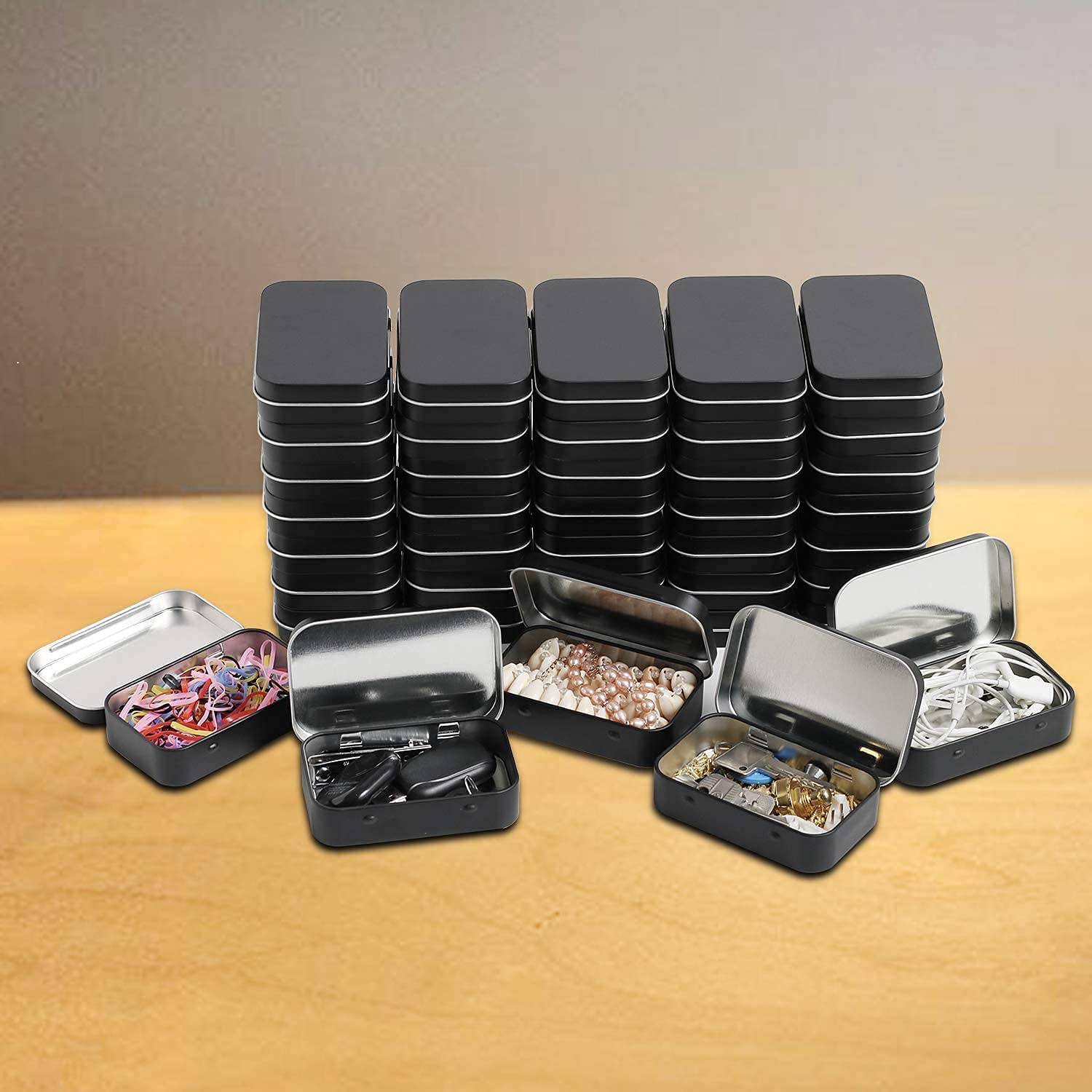 Tamicy Metal Rectangular Empty Hinged Tins - Pack of 80 （Silver 40+Black 40 Mini Portable Box Containers Small Storage Kit & Home Organizer small tins with lids craft containers 3-1/2''X2-1/2''X4/5''