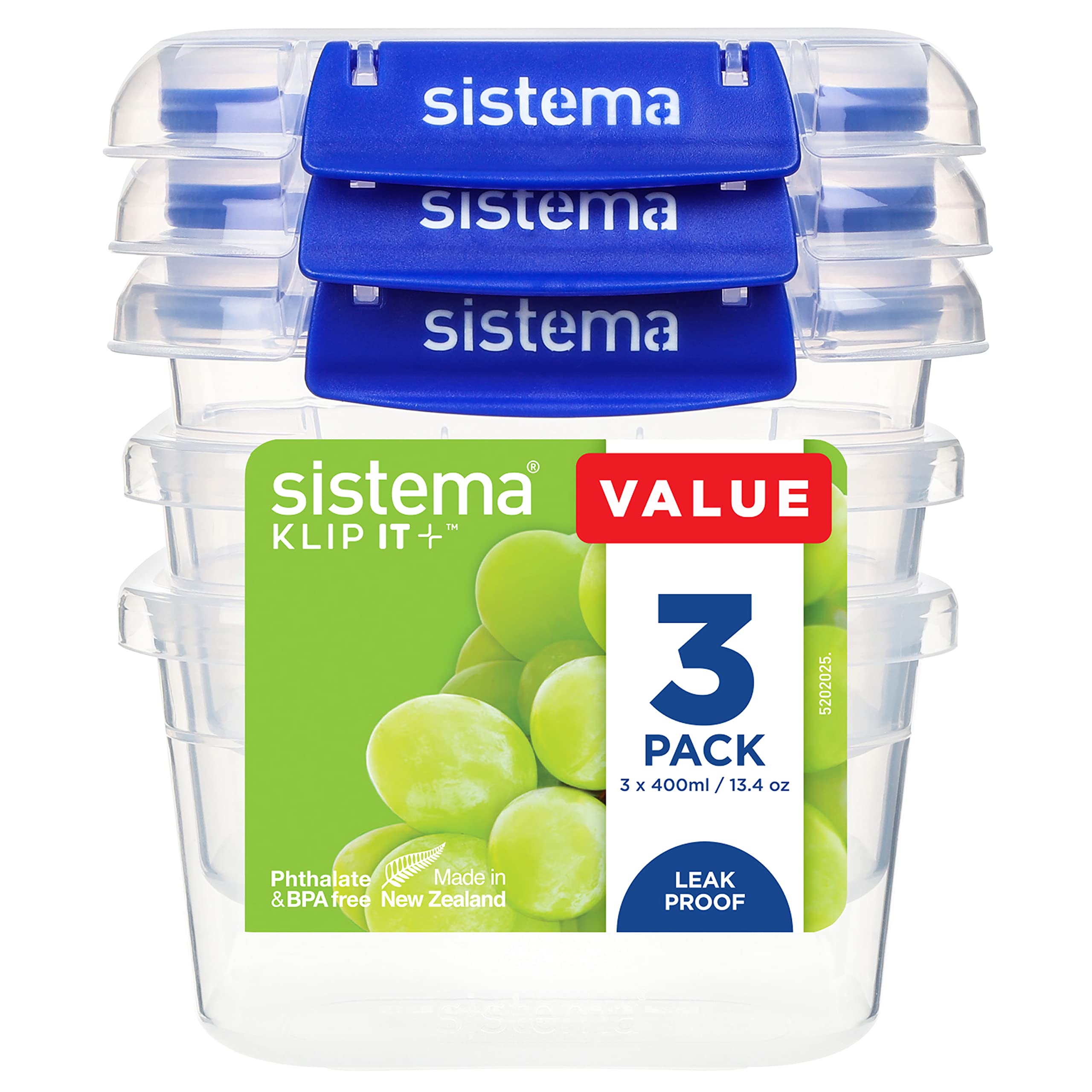Sistema KLIP IT PLUS Food Storage Containers, 400 ml, 3 Piece Airtight Containers Set, Leak-Proof Seal, Easy Locking Clips, Recyclable with TerraCycle, BPA-Free