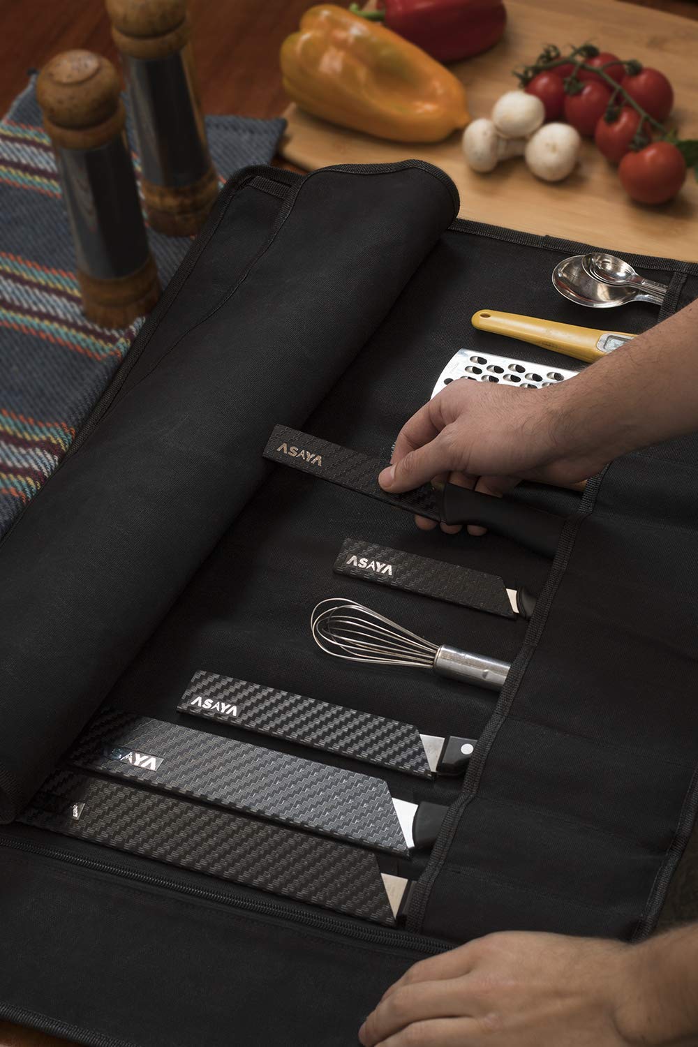 Asaya Canvas Chef Knife Roll Bag - 10 Knife Slots and a Large Zipper Pocket - Durable 10oz Canvas Knife Case with an Adjustable Shoulder Strap - Knives not Included
