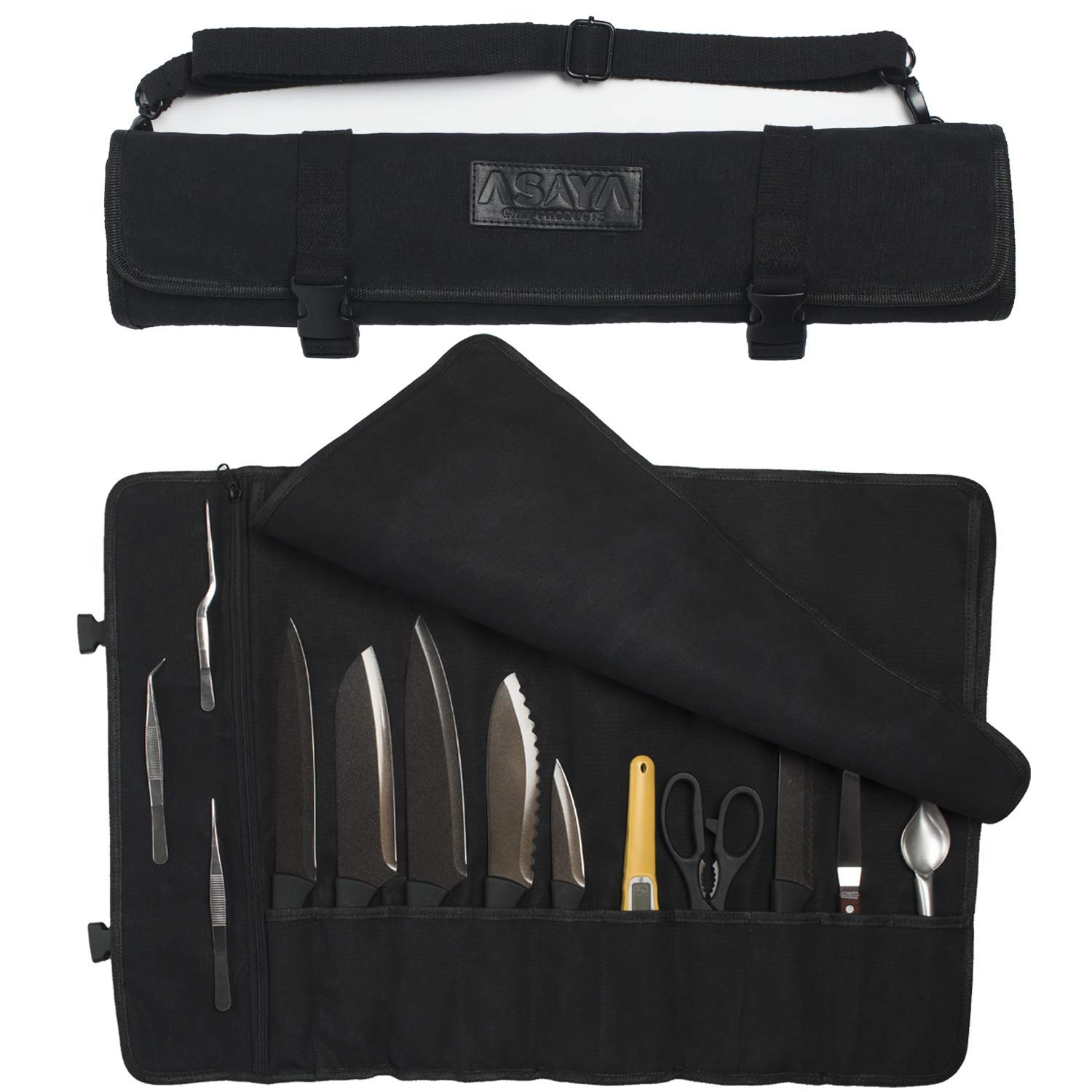 Asaya Canvas Chef Knife Roll Bag - 10 Knife Slots and a Large Zipper Pocket - Durable 10oz Canvas Knife Case with an Adjustable Shoulder Strap - Knives not Included