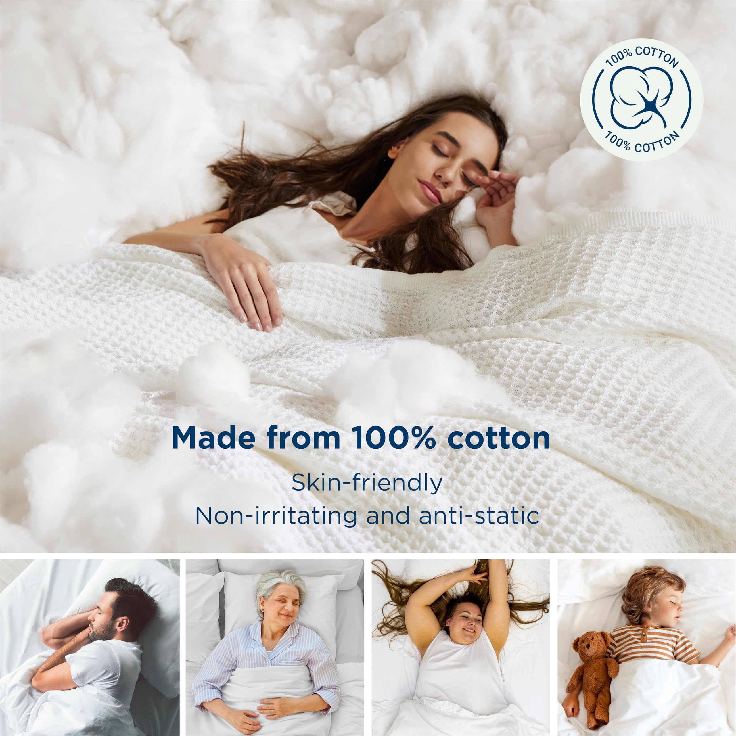 BEDSURE 100% Cotton Blankets King Size for Bed - 405GSM Waffle Weave Blankets for All Seasons, Cozy and Warm, White Soft Lightweight Woven Blankets, 104x90 inches