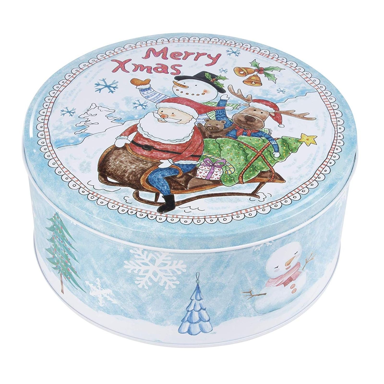 Juvale Christmas Nesting Cake Tins - 3-Set Round Nested Cookie Candy Storage Containers with Lids for Confectioneries, Holiday Decor, Light Blue and White