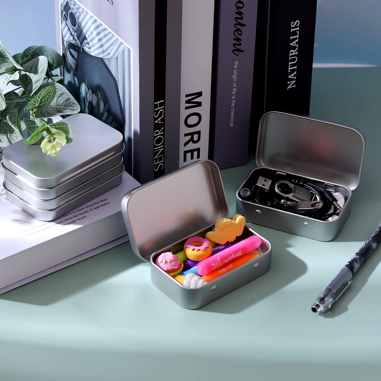 Tamicy Metal Rectangular Empty Hinged Tins - Pack of 80 （Silver 40+Black 40 Mini Portable Box Containers Small Storage Kit & Home Organizer small tins with lids craft containers 3-1/2''X2-1/2''X4/5''