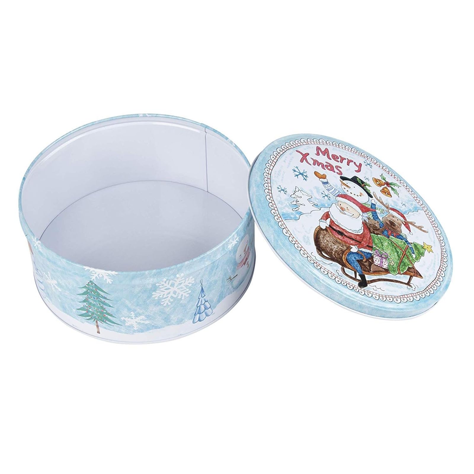 Juvale Christmas Nesting Cake Tins - 3-Set Round Nested Cookie Candy Storage Containers with Lids for Confectioneries, Holiday Decor, Light Blue and White