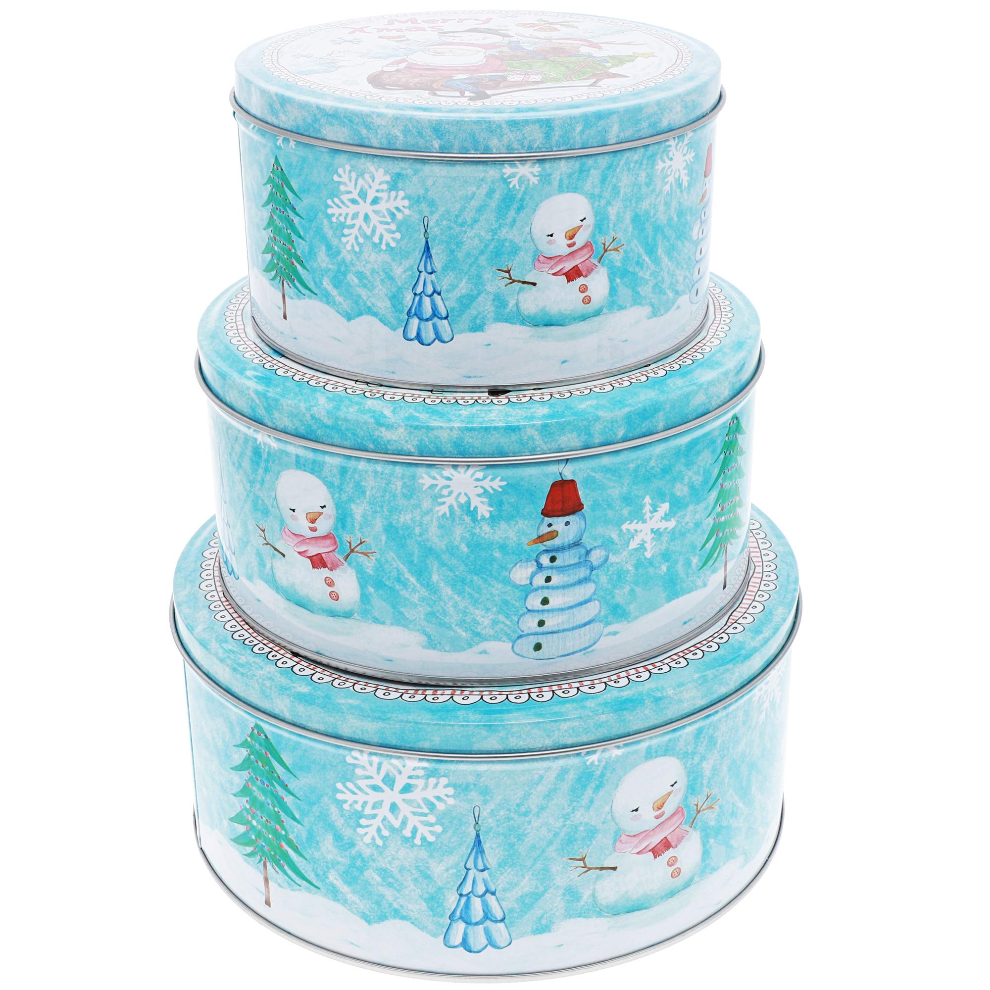 Juvale Christmas Nesting Cake Tins - 3-Set Round Nested Cookie Candy Storage Containers with Lids for Confectioneries, Holiday Decor, Light Blue and White