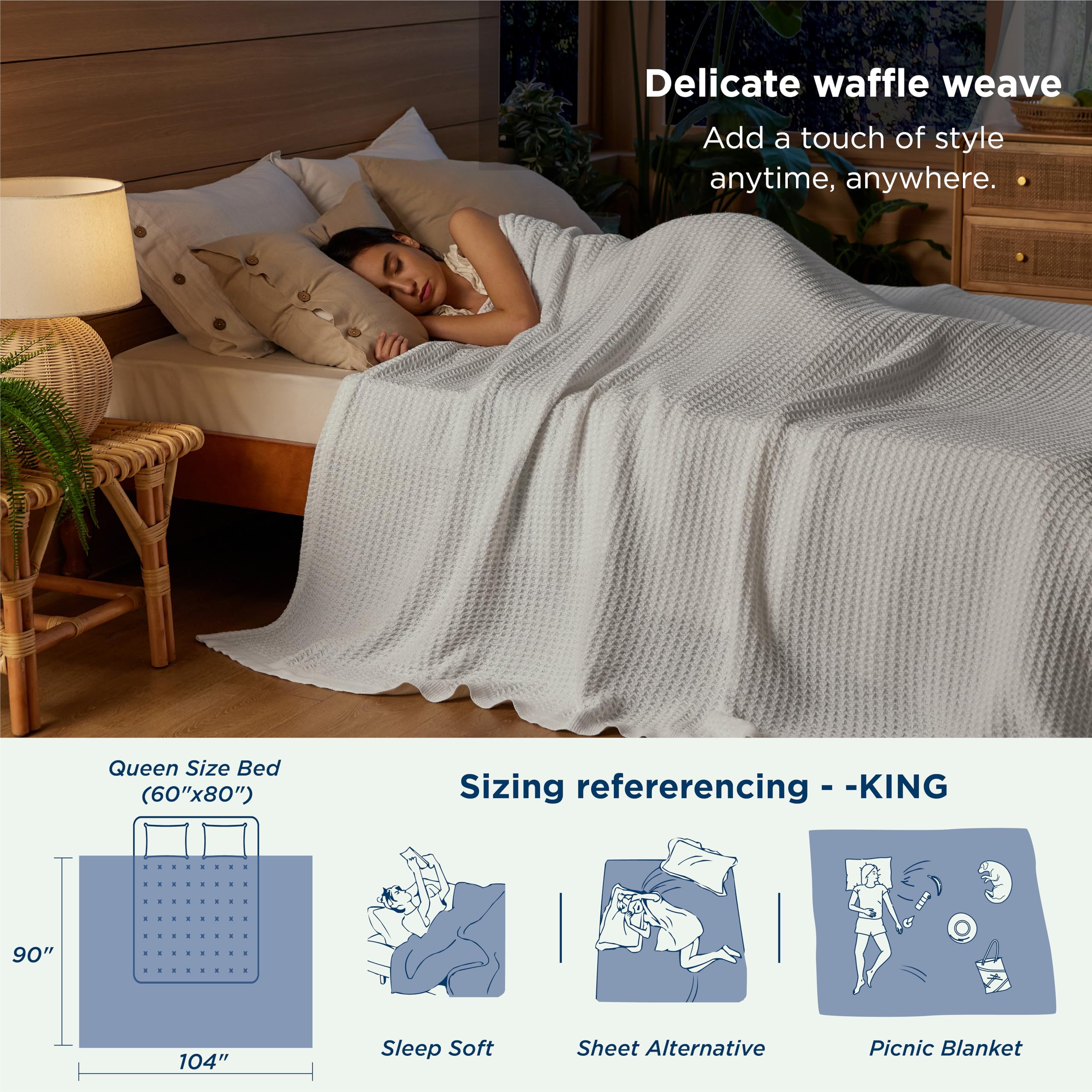 BEDSURE 100% Cotton Blankets King Size for Bed - 405GSM Waffle Weave Blankets for All Seasons, Cozy and Warm, White Soft Lightweight Woven Blankets, 104x90 inches