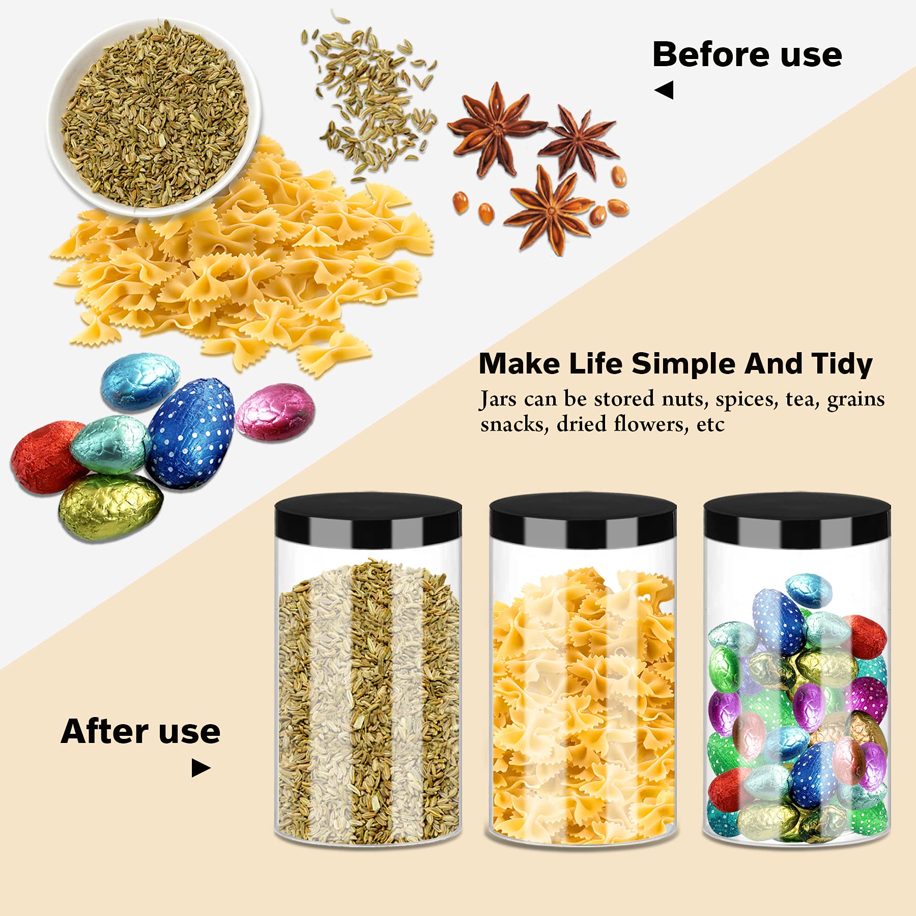 SLifeJars Clear Plastic Jars 32oz 12Pack Big Round PET Plastic Containers with Black Screw On Lids Reusable Empty Storage Jars with Lid Clear Containers for Household and Kitchen Organizing