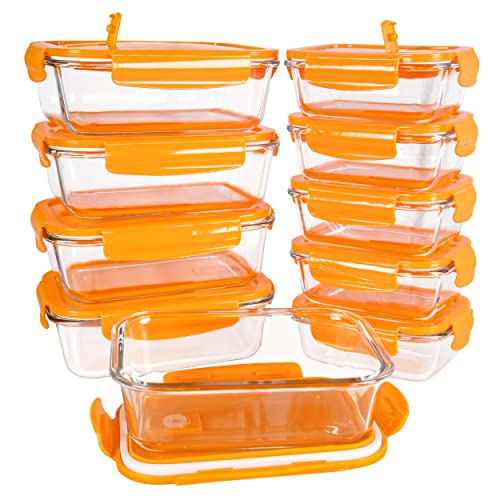 ZRRHOO 10 Pack Orange Food Storage Container Set, Glass Meal Prep Containers with Lids (Built in Vent), Airtight Bento Boxes for Microwave, Oven, Freezer and Dishwasher, BPA Free & Leak Proof