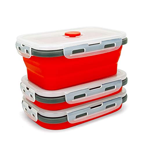 CARTINTS Set of 3 Collapsible Food Storage Containers with Lids, Collapsible Silicone Bowls, Silicone Lunch Containers, For Meal Prep, Camping, Travel, Microwave and Freezer Safe,500ml,Red