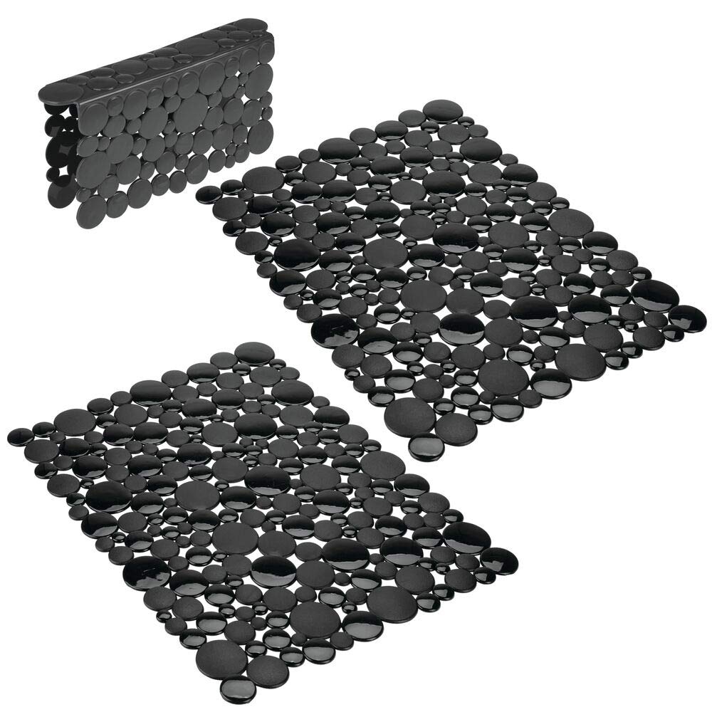 mDesign Decorative Kitchen Plastic Sink Protector Set, Quick Draining - Protect Surfaces and Dishes - Modern Bubble Design - Includes 1 Saddle, 2 Large Mats - Set of 3 - Black