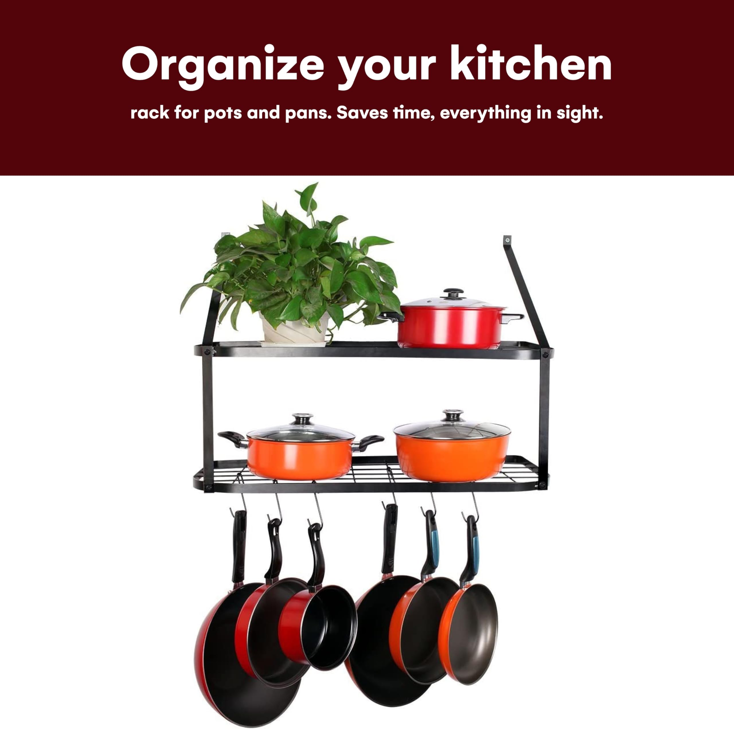 Vdomus Hanging Pot and Pan Organizer - Rustproof Wall Mounted Pot Rack for Kitchen Storage - Durable, Thick Iron Material - 2-Tier Pot Shelf with 10 Hooks for Utensils - Wall Mounted Black Pot Rack