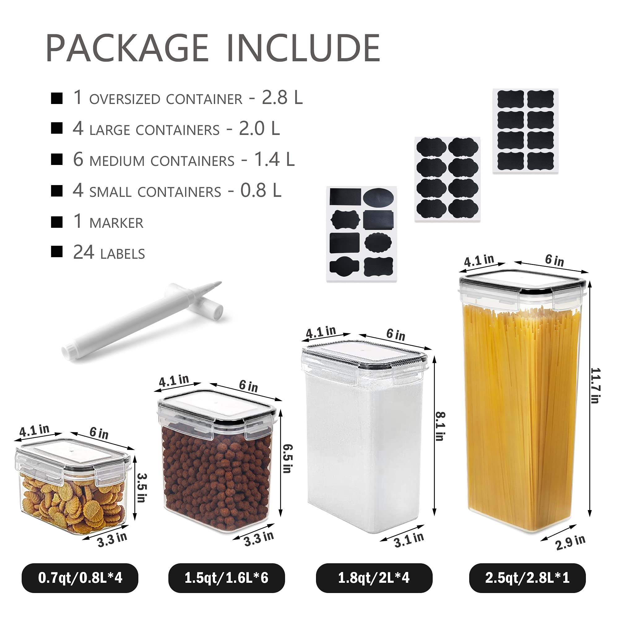 Cereal Container, Set of 15 Pcs Food Storage Containers Set With Lids Airtight, BPA Free Plastic Dry Food Bins Pantry, Kitchen Organization and Storage, for Counter Spaghetti Flour Sugar Coffee Rice