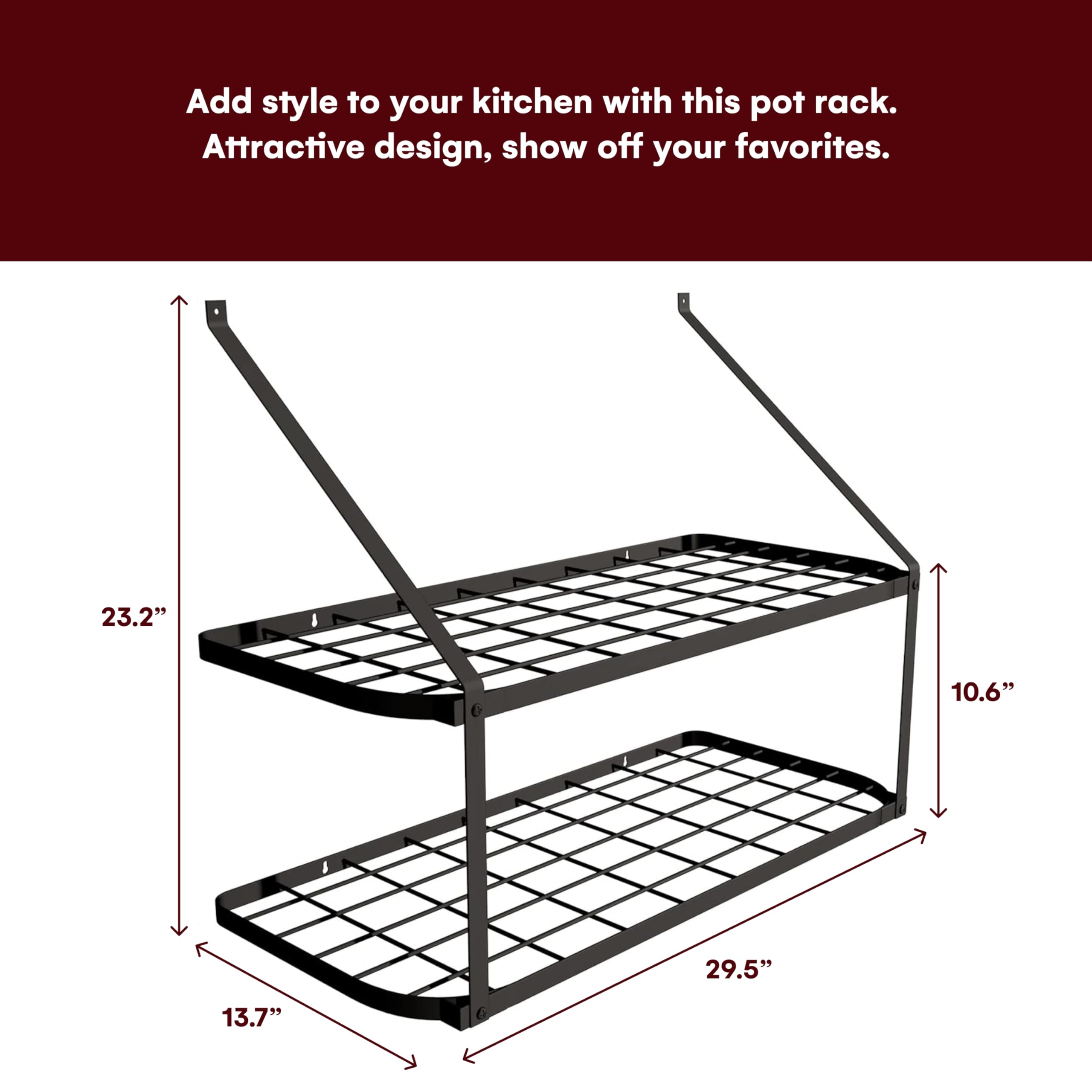 Vdomus Hanging Pot and Pan Organizer - Rustproof Wall Mounted Pot Rack for Kitchen Storage - Durable, Thick Iron Material - 2-Tier Pot Shelf with 10 Hooks for Utensils - Wall Mounted Black Pot Rack