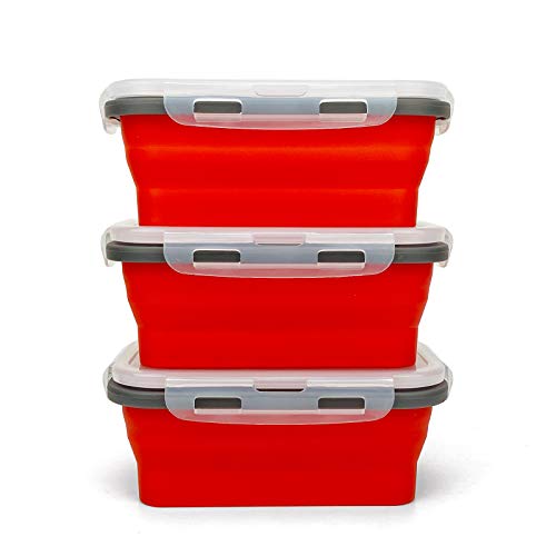 CARTINTS Set of 3 Collapsible Food Storage Containers with Lids, Collapsible Silicone Bowls, Silicone Lunch Containers, For Meal Prep, Camping, Travel, Microwave and Freezer Safe,500ml,Red