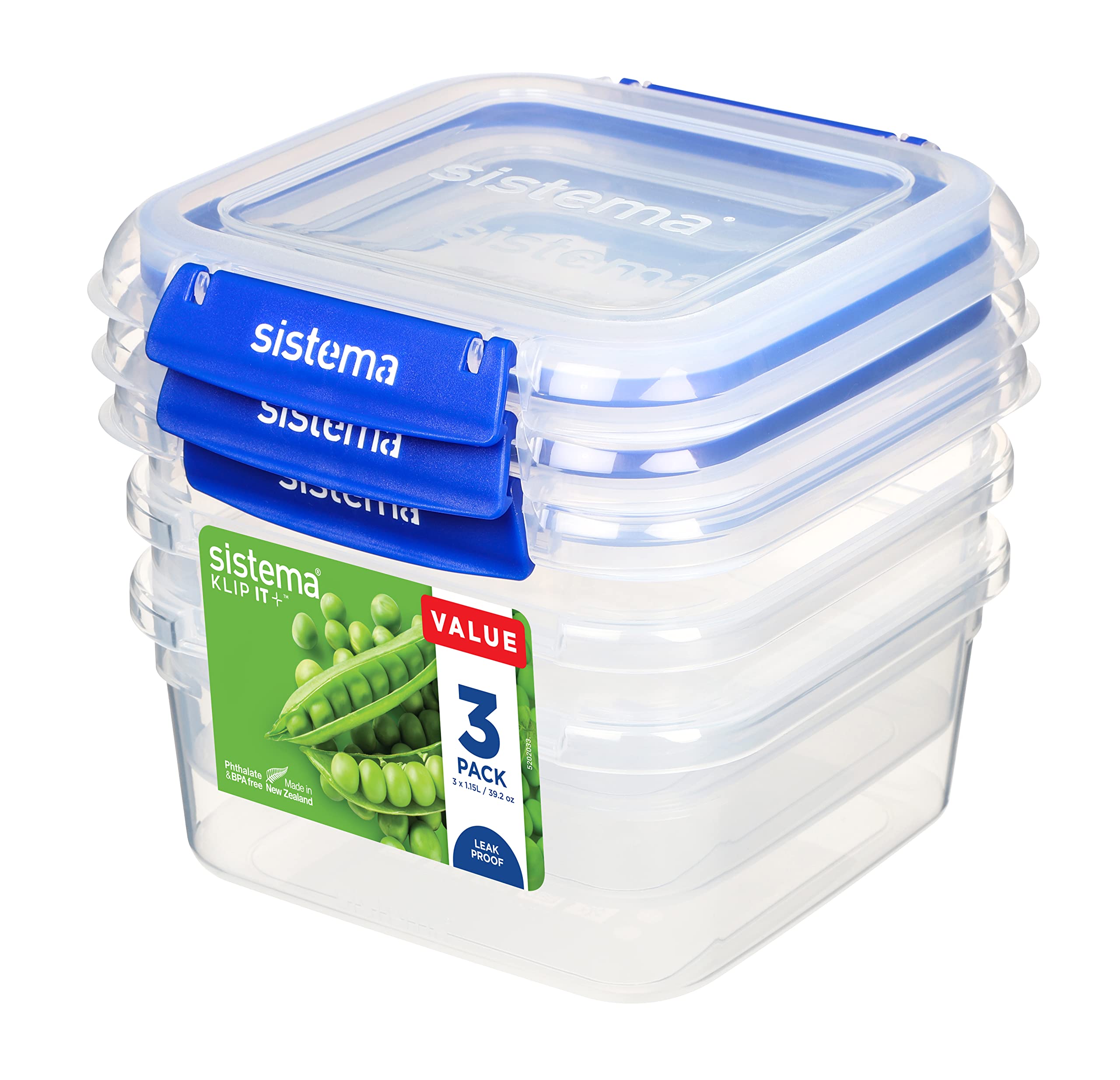 Sistema KLIP IT Plus Food Storage Containers | 1.15L | 3 Piece Airtight Containers Set | Leak-Proof Seal | Easy Locking Clips | BPA-Free