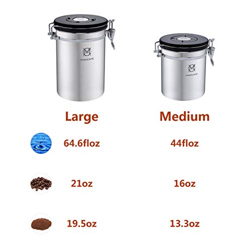 Magicafé Airtight Coffee Container Canister - CO2 Valve Coffee Container with Scoop for Ground Coffee Beans Storage Medium 16oz