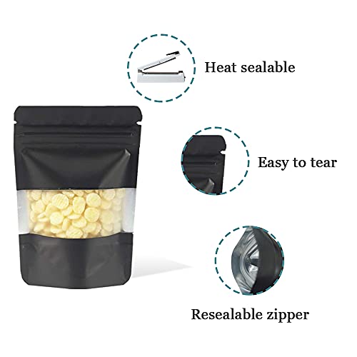 PABCK 100 Pcs 4.7x7.87 inch Matte Black Resealable Stand Up Bags with Window Heat Seal Bulk Food Storage Packaging Foil Pouches