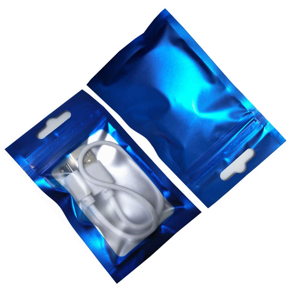 FERENLI 100Pcs Matte Mylar Bags for Zip Flat Foil Lock Food Storage Bag Plastic Window Coffee Bean Candy Package Pouch Zipper Lock with Euro Hang Hole (7.5x12cm (3x4.7 inch), Blue)