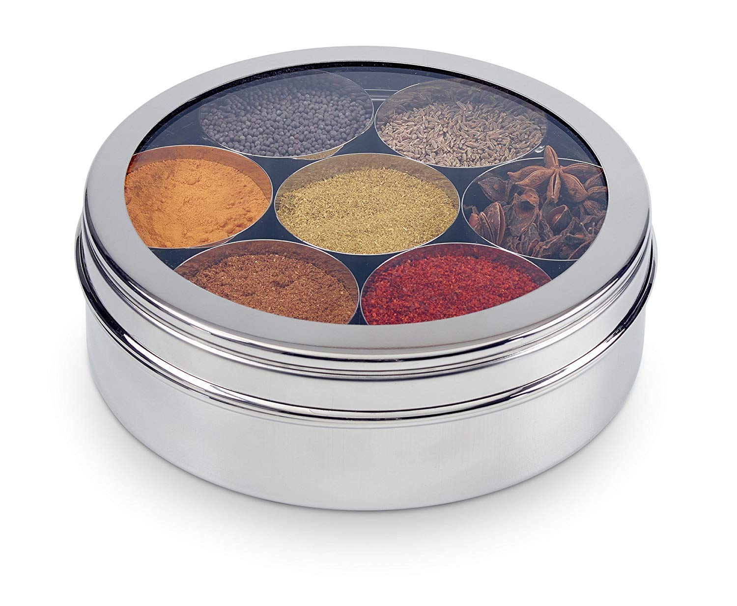 WhopperIndia Stainless Steel Spice box 7 compartments With Clear Screen & Clear Lid With Spoon and Airtight Lid