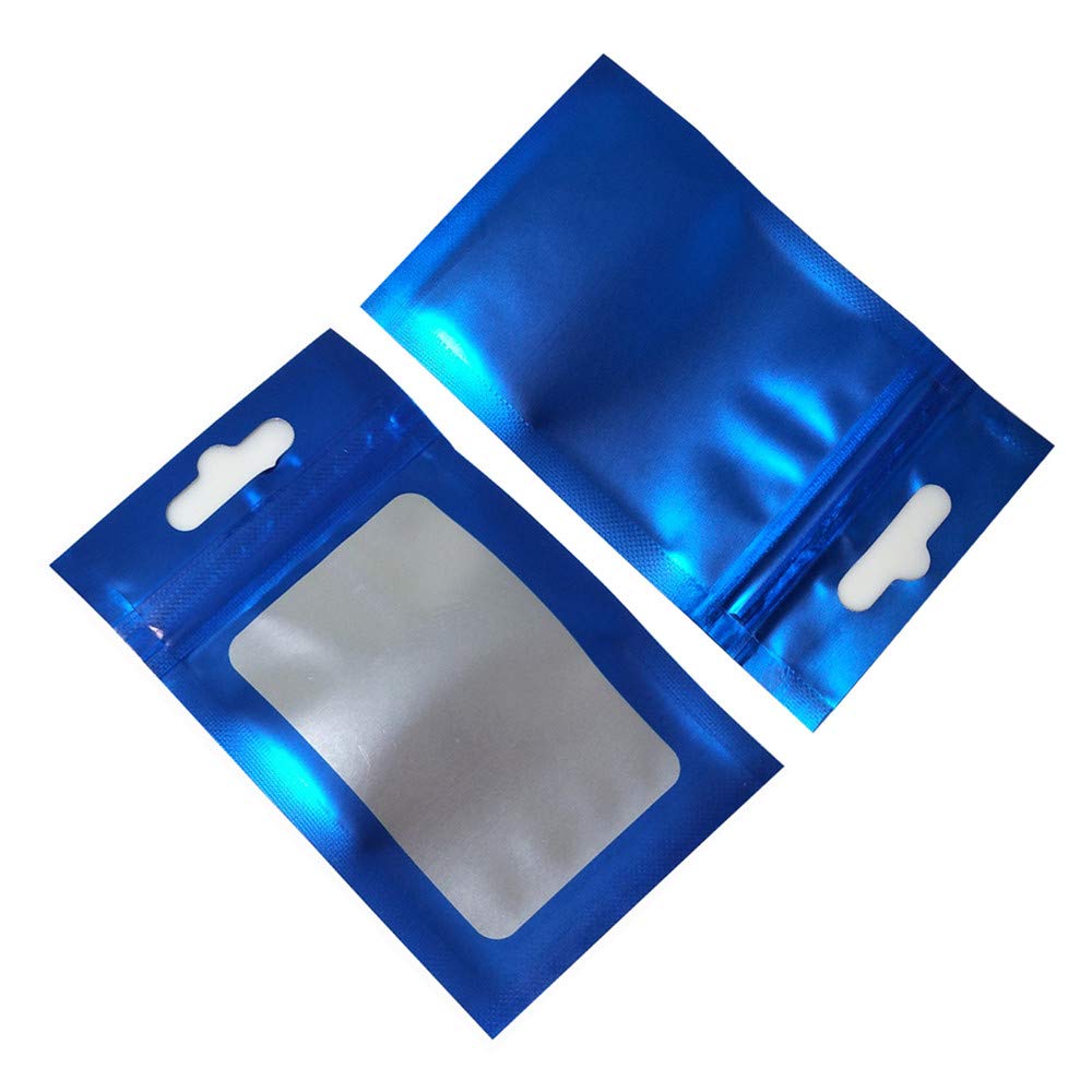 FERENLI 100Pcs Matte Mylar Bags for Zip Flat Foil Lock Food Storage Bag Plastic Window Coffee Bean Candy Package Pouch Zipper Lock with Euro Hang Hole (7.5x12cm (3x4.7 inch), Blue)