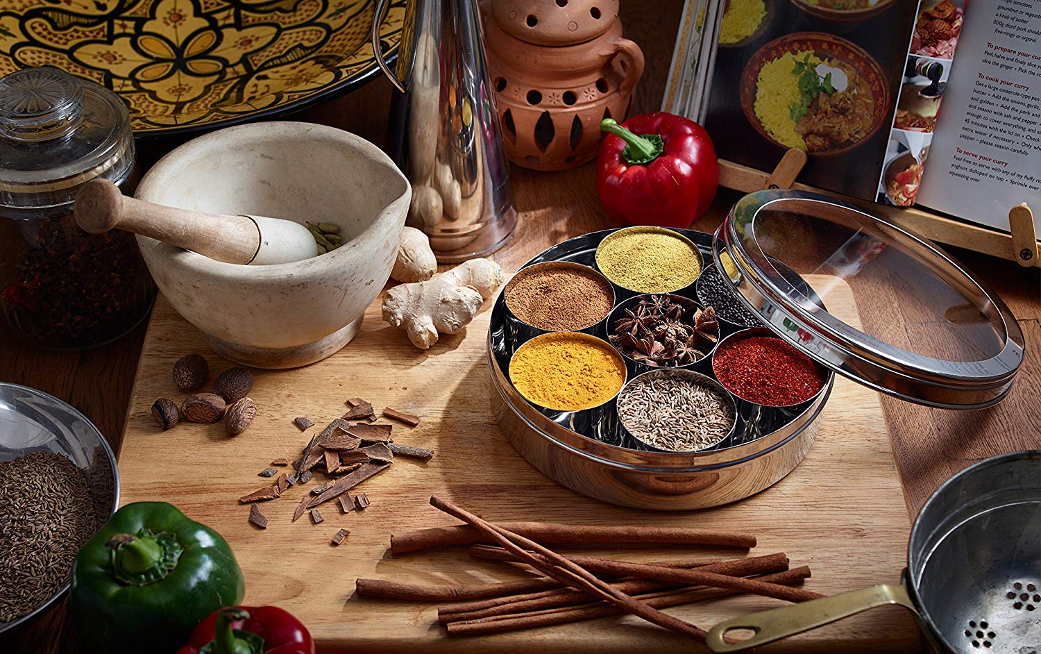 WhopperIndia Stainless Steel Spice box 7 compartments With Clear Screen & Clear Lid With Spoon and Airtight Lid