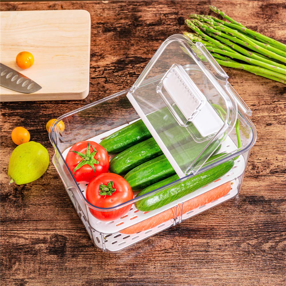 blitzlabs Lettuce Keeper Fridge Food Storage Container, Fresh Produce Saver Organizer Keeper Bins with Lids and Removable Drain Tray for Refrigerator Freezer Cabinet Kitchen 2800ML, 2 Pack