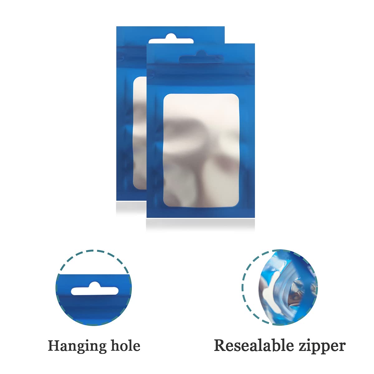 FERENLI 100Pcs Matte Mylar Bags for Zip Flat Foil Lock Food Storage Bag Plastic Window Coffee Bean Candy Package Pouch Zipper Lock with Euro Hang Hole (7.5x12cm (3x4.7 inch), Blue)