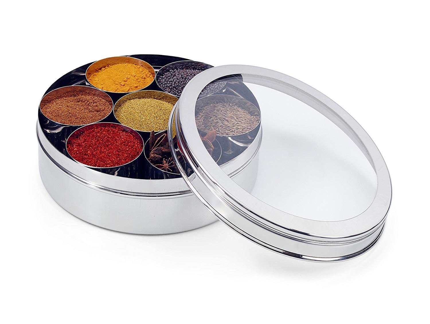 WhopperIndia Stainless Steel Spice box 7 compartments With Clear Screen & Clear Lid With Spoon and Airtight Lid