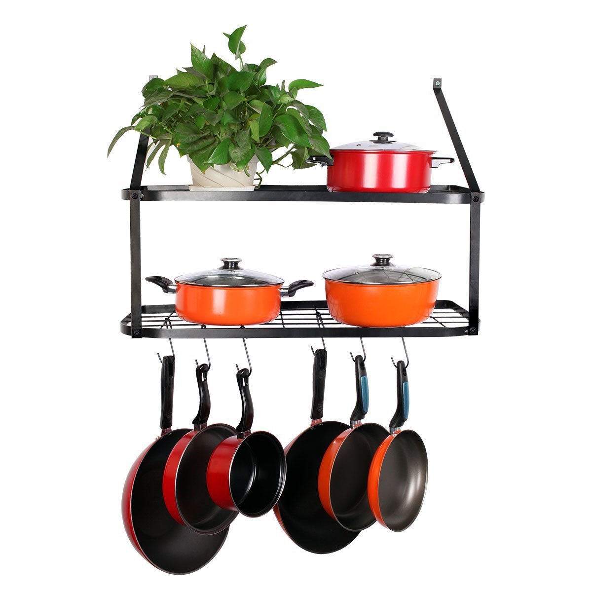 Vdomus Hanging Pot and Pan Organizer - Rustproof Wall Mounted Pot Rack for Kitchen Storage - Durable, Thick Iron Material - 2-Tier Pot Shelf with 10 Hooks for Utensils - Wall Mounted Black Pot Rack