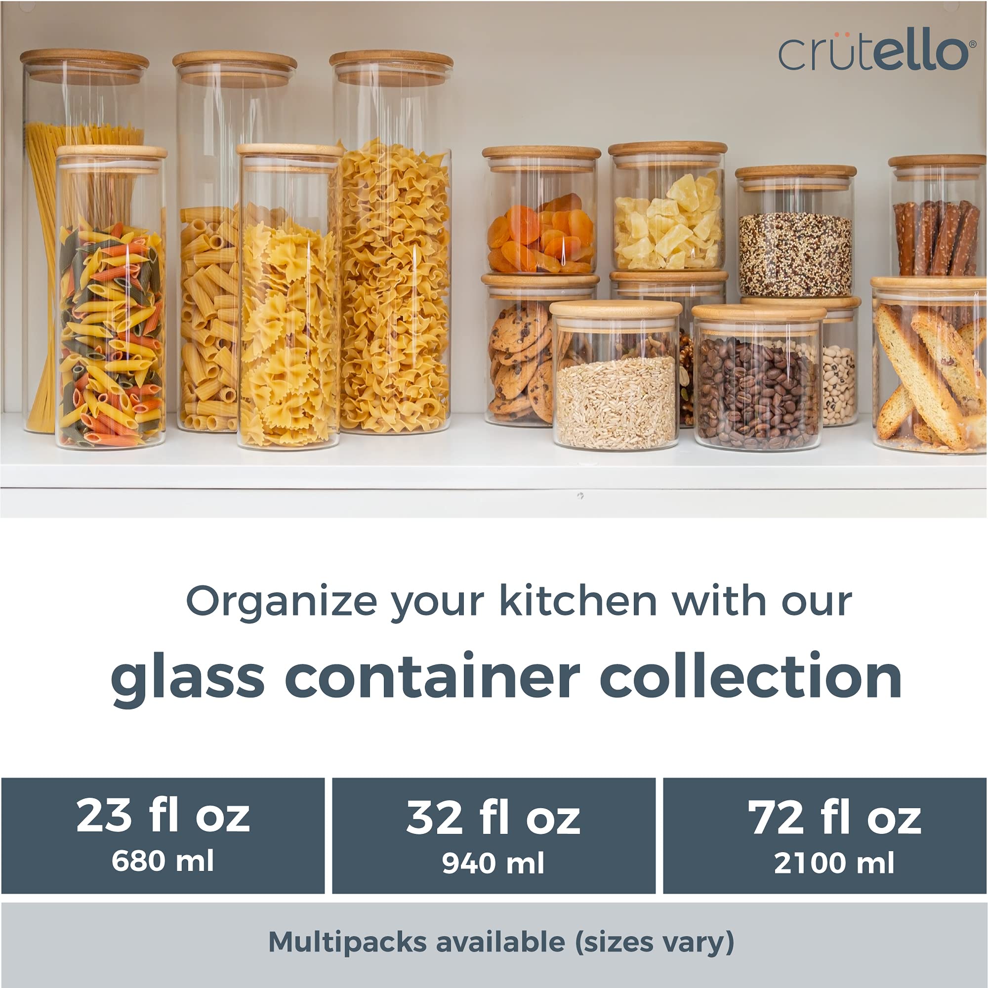 Crutello Glass Food Storage Containers with Bamboo Lids, 3 Pack - 72 Fluid oz Airtight Clear Kitchen Organization Canisters - A Family-Owned American Brand