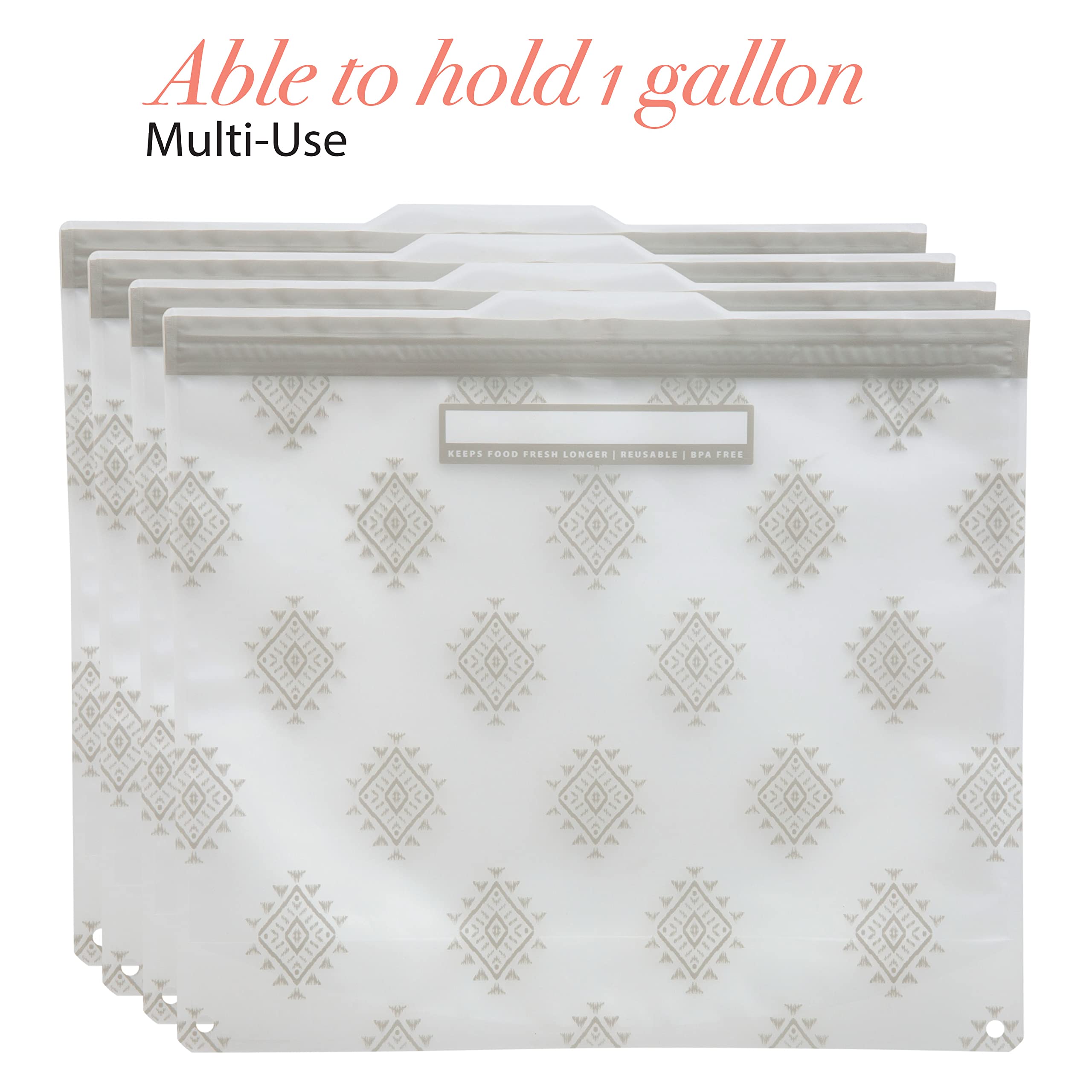Kitchen Details 4 Pack Reusable Gallon Bags | Airtight Zipper Seal | Leak Proof | BPA Free | Food Safe Material | Food Storage | Freezer Safe | Grey