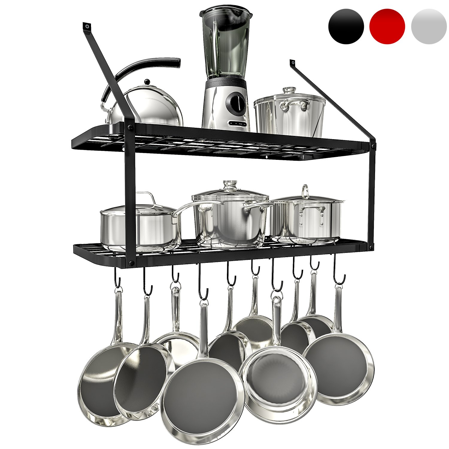 Vdomus Hanging Pot and Pan Organizer - Rustproof Wall Mounted Pot Rack for Kitchen Storage - Durable, Thick Iron Material - 2-Tier Pot Shelf with 10 Hooks for Utensils - Wall Mounted Black Pot Rack