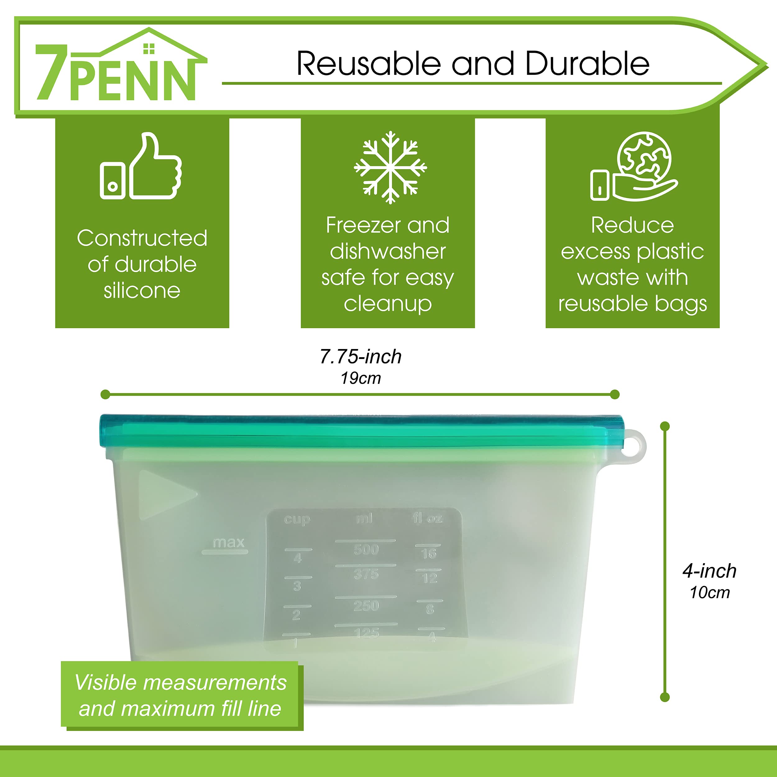 7Penn Silicone Food Storage Bag, 500mL - 1pk Washable 7.75 x 4in Green Reusable Food Bags for Sandwiches and Snacks