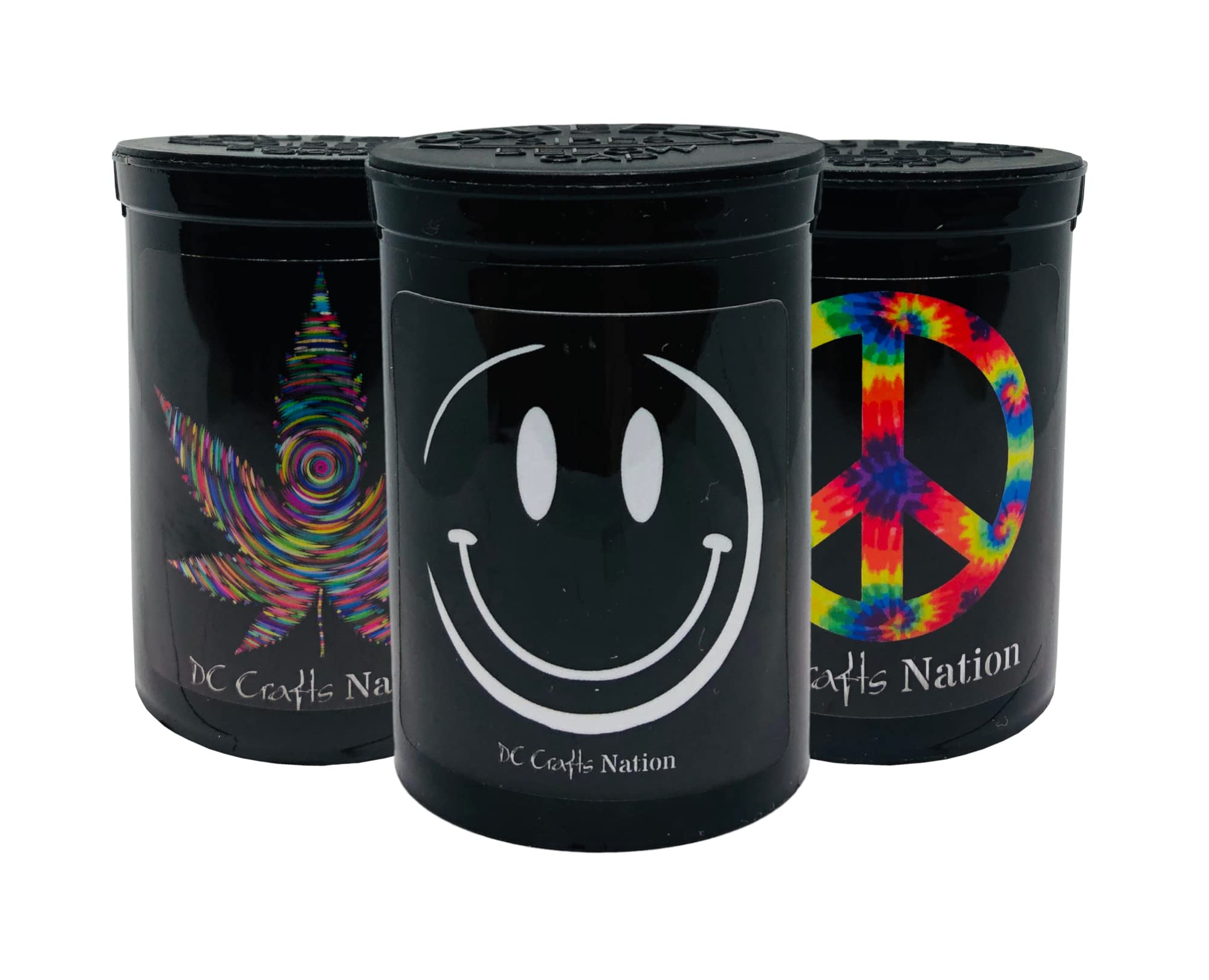 DC Crafts Nation Pop Top 30 Dram Smell Proof Fresh Kettle Herbal Storage Container 3 Count Variety - Swirl Leaf, Happy Face, Peace