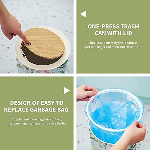 Small Trash Can with Lid Summer floral seamless with wild flowers on pastel blue Watercolor Garbage Bin Wood Waste Bin Press Cover Round Wastebasket for Bathroom Bedroom Diaper Office Kitchen