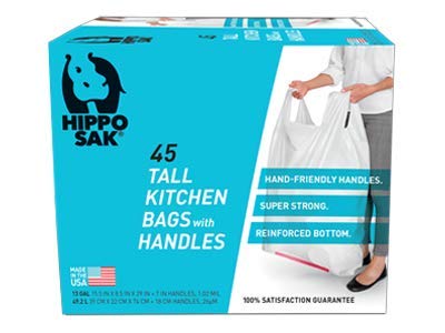 Hippo Sak HippoTrash45Count Tall Kitchen Trash Bag with Handles, White, 13 Gallon