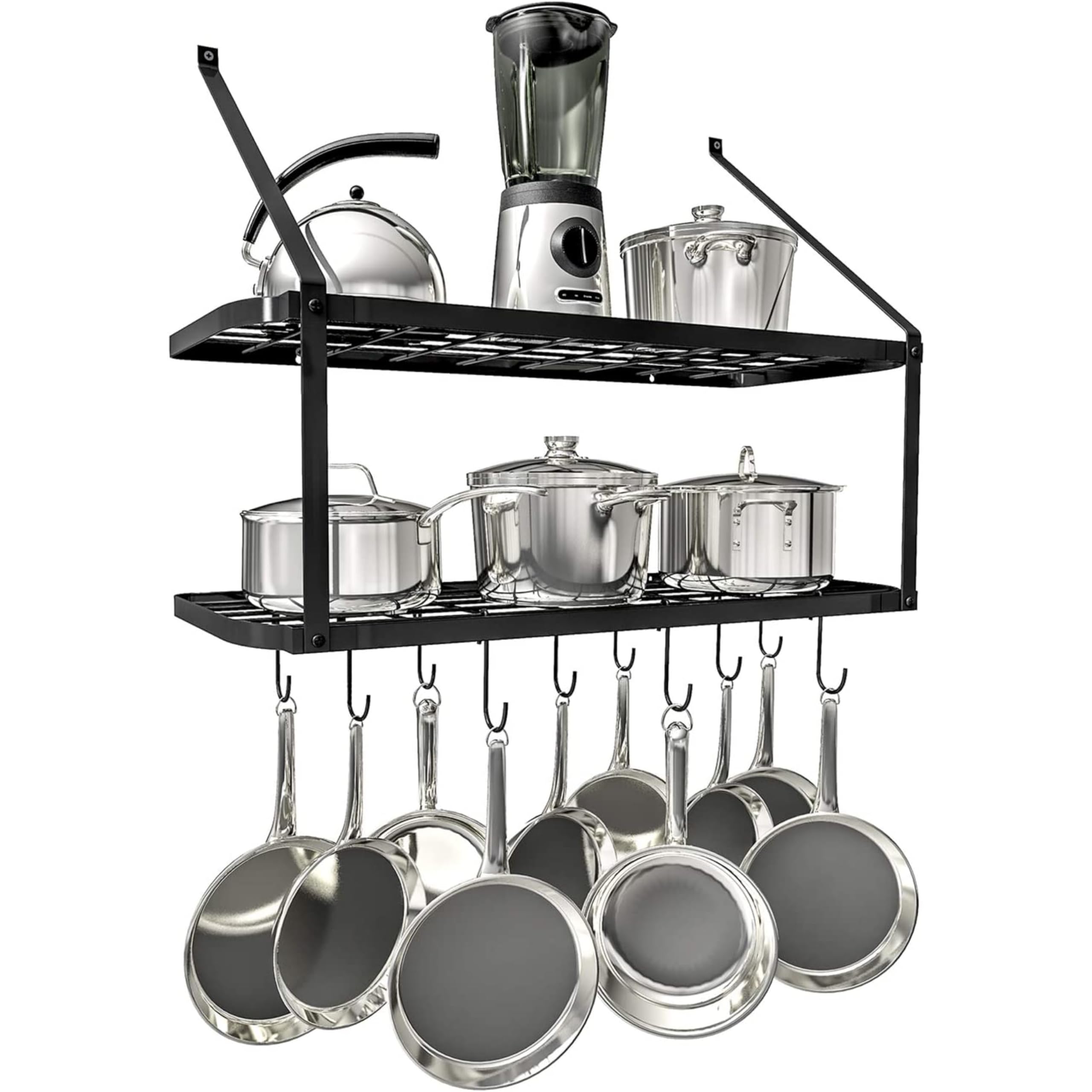 Vdomus Hanging Pot and Pan Organizer - Rustproof Wall Mounted Pot Rack for Kitchen Storage - Durable, Thick Iron Material - 2-Tier Pot Shelf with 10 Hooks for Utensils - Wall Mounted Black Pot Rack