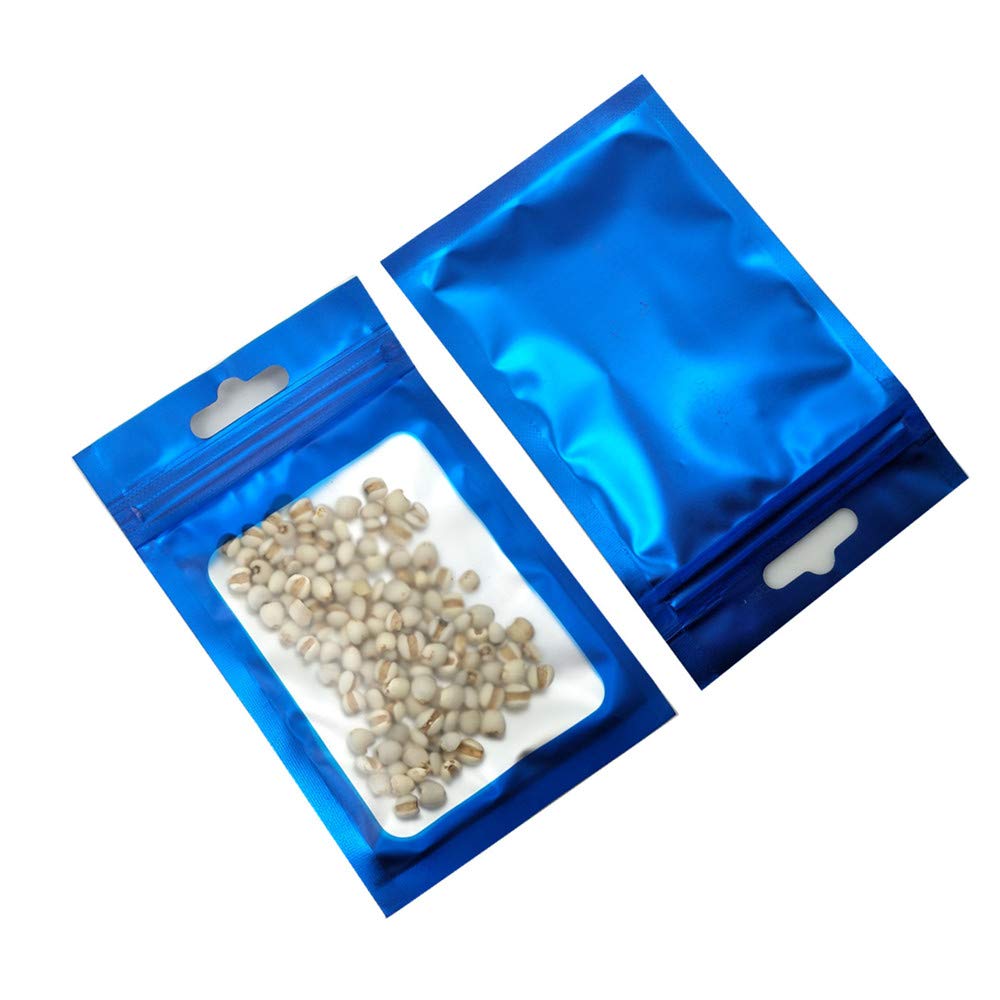 FERENLI 100Pcs Matte Mylar Bags for Zip Flat Foil Lock Food Storage Bag Plastic Window Coffee Bean Candy Package Pouch Zipper Lock with Euro Hang Hole (7.5x12cm (3x4.7 inch), Blue)